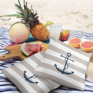 Outdoor Waterproof Pillow Covers for Patio Blue Nautical Anchor Chain Decorative Throw Pillow Cover Beige White Stripes Pillowcases Set of 2 Cushion Case for Sofa Couch Chair Home Decor 20x20 inch