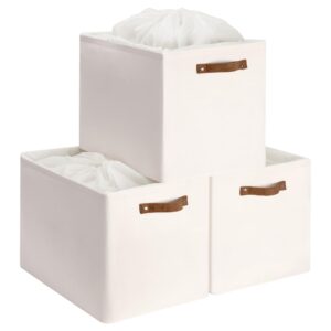 storageworks fabric storage bin with drawstring closure, foldable storage baskets for organizing, closet storage bins with pu handles, beige, large, 3-pack