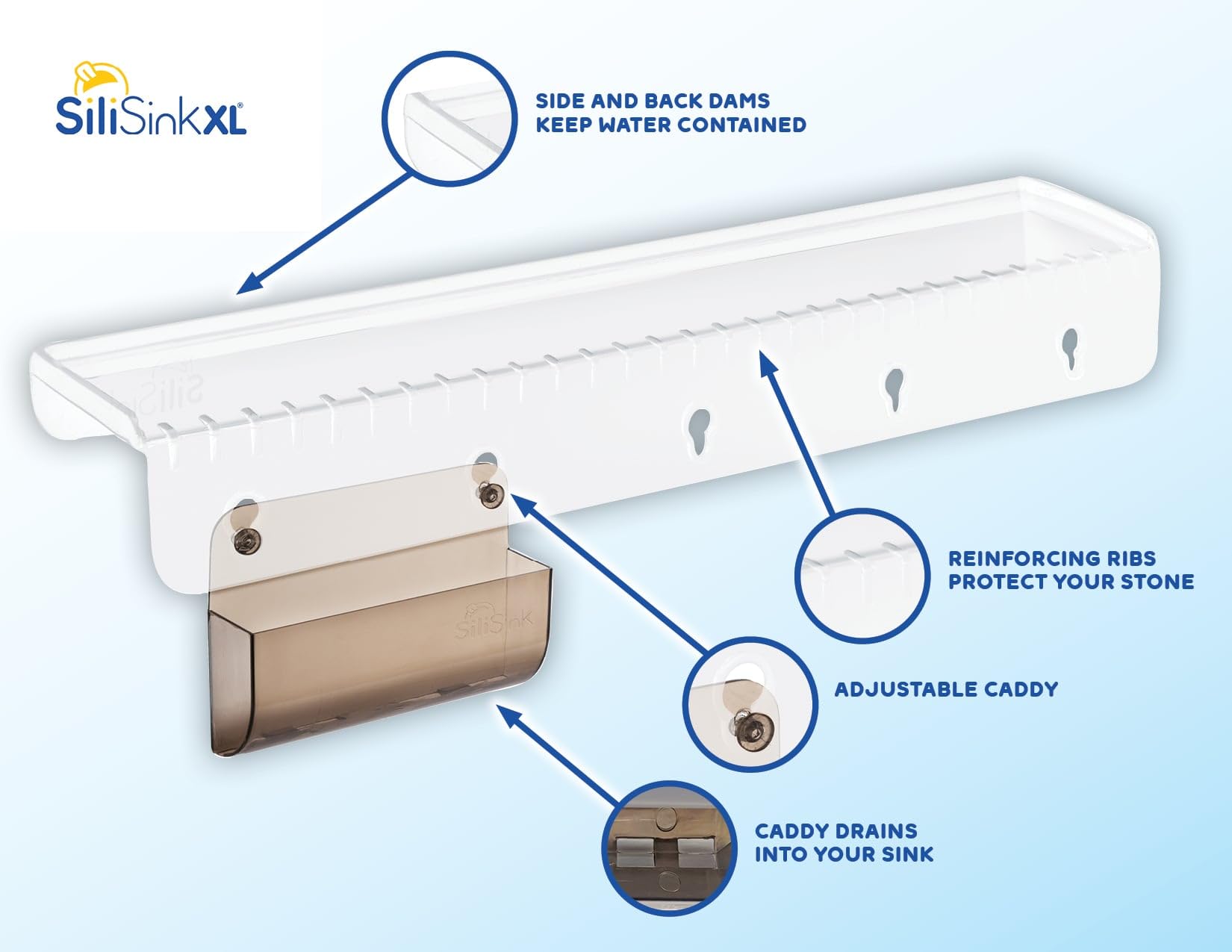 SiliSink XL Silicone Sink Edge Guard for Kitchen Sink - Fits 3.75” - 4” Wide - The Original Silicone Sink Edge Protector with Sponge Caddy - Splash Guard, 20” Clear Diamond