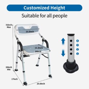 Folding Shower Chair for Inside Shower, Foldable Shower Chair for Seniors Elderly Handicap Disabled, Bath Shower Seat with Arm and Back for Adult, Bathroom Tub Transfer Bench (Grey, L)