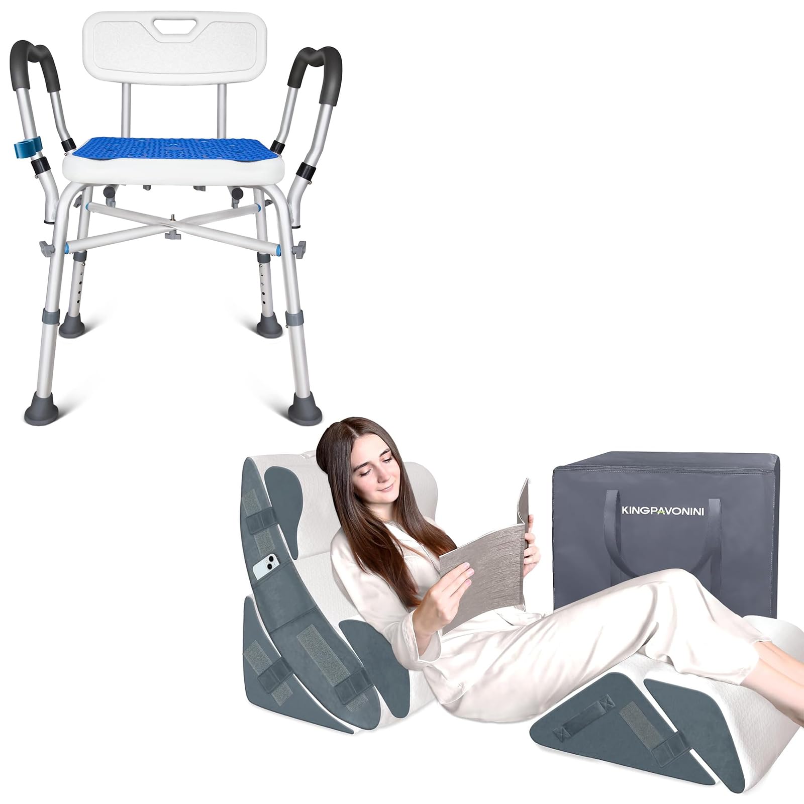 Bath Chair with Arms and Wedge Pillow Set