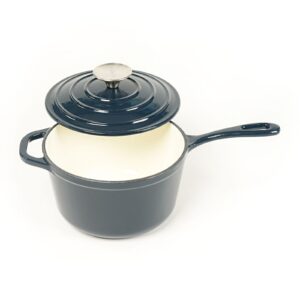 HAWOK Enameled Cast Iron Saucepan, 2QT Saucepan with Lid and Long Handle, Navy blue