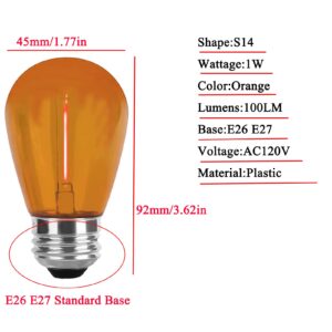 LRSUEYSKIN 15 Pack Orange LED Bulb S14 LED Relacement Bulbs 1W Shatterproof S14 Outdoor Indoor String Replacement Light Bulb Waterproof Plastic E26 Base for Wedding Garden Party Yard(Orange)