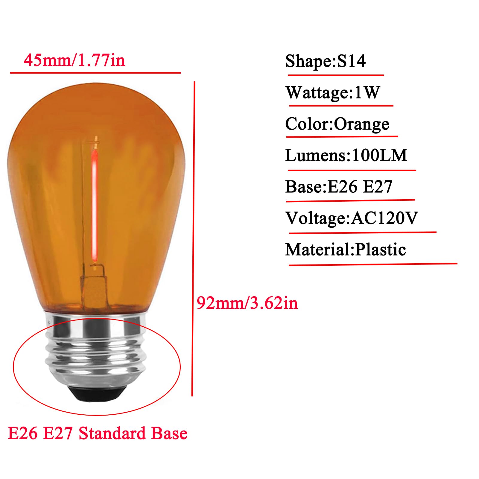 LRSUEYSKIN 15 Pack Orange LED Bulb S14 LED Relacement Bulbs 1W Shatterproof S14 Outdoor Indoor String Replacement Light Bulb Waterproof Plastic E26 Base for Wedding Garden Party Yard(Orange)