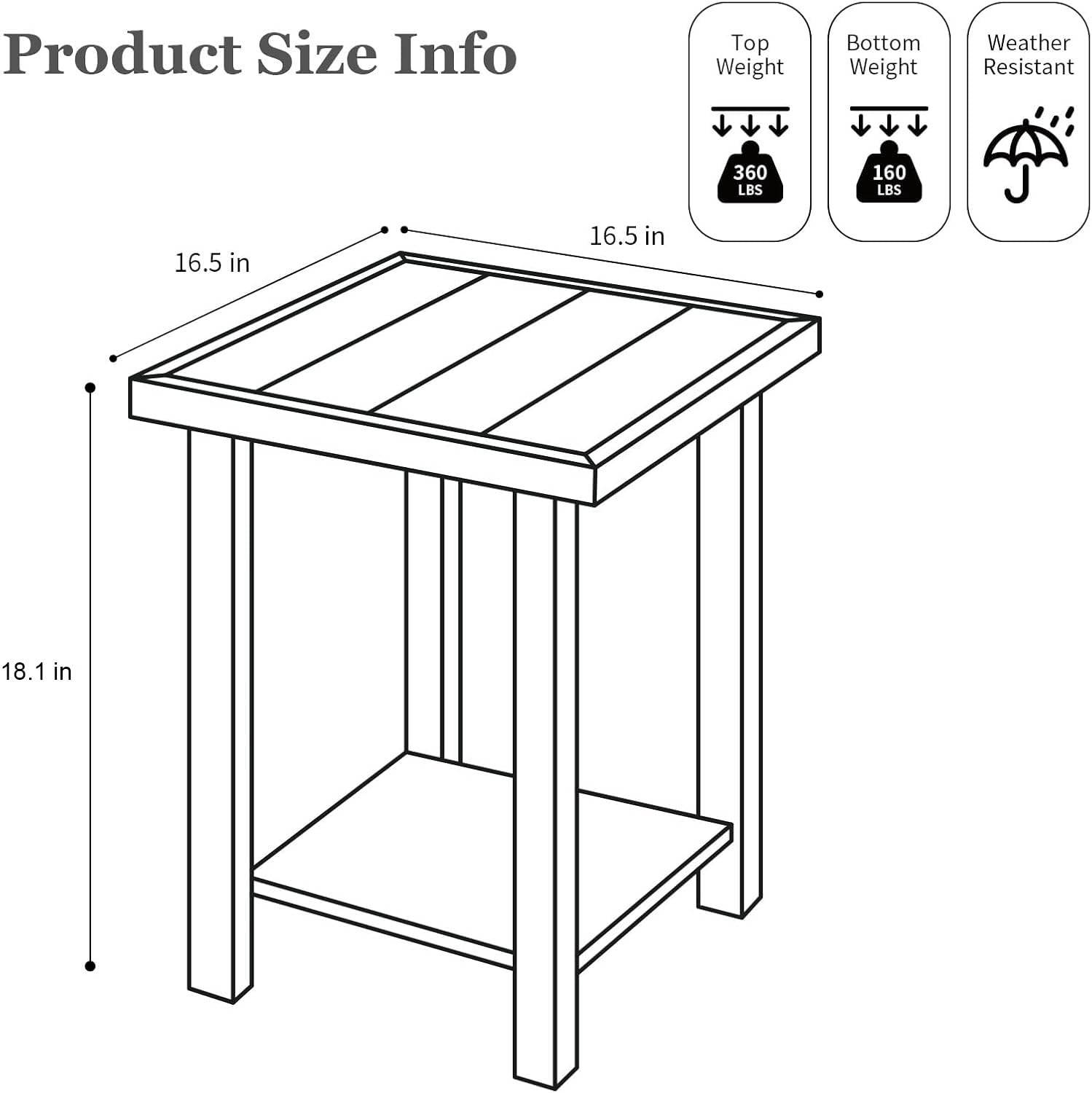 Metal Outdoor Side Table, 2-Tier Sturdy Patio End Table Weather Resistant, 16.5" * 16.5" * 18.1" Solid Square End Table for Patio, Pool, Porch (Black)