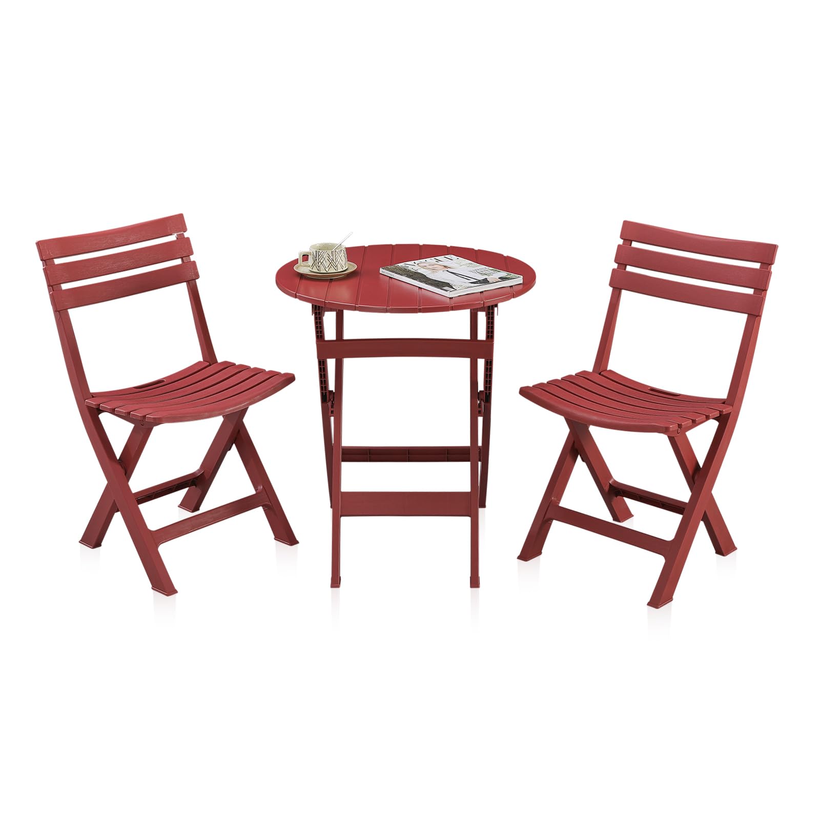 TAO ONE 3 Piece Patio Bistro Sets, Foldable Patio Set, Bistro Table and Chairs, 2 Plastics Folding Chairs and Round Table for Outdoor Balcony, Porch, Lawn, Garden, Patio, Red