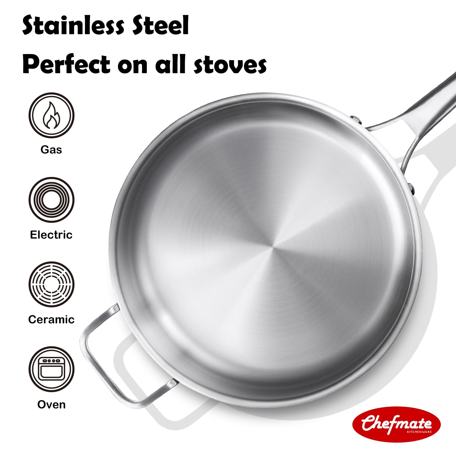 Chefmate Saute Pan,5 Quart Saute pan,Stainless Steel Cookware,Stainless Steel skillet,12 inch Stainless Steel Saute Pans with Lid,Dishwasher and Oven Safe, Works on All Cooktops