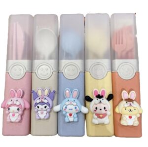 hombäde plastic cutlery tableware flatware silverware 5 piece set portable reusable travel cute kawaii anime cartoon dog bunny for boys and girls (pink melody)