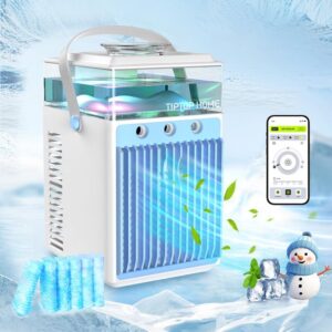 portable air conditioner fan, rechargeable 4-in-1 personal mini cooler humidifier, 3-speed evaporative air cooler with 7 color lights, cordless ac desktop spray fan, quiet desktop cooling fan