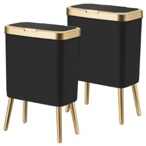 procade 2pack office trash can with lid, 4 gallon gold trash can bathroom,black garbage can with push button, narrow garbage bin waste basket for bedroom, kitchen,toilet(black+black)