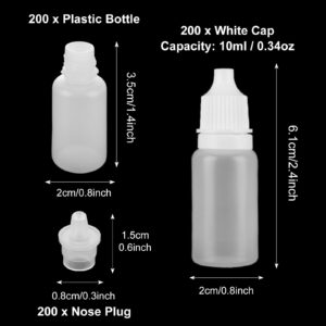 LDHHYH 200 Pack 10ml / 0.34oz Plastic Dropper Bottles With Cover & Nose Plug, White Squeezable Bottle, Empty Squeeze Bottle for Home Work Travel