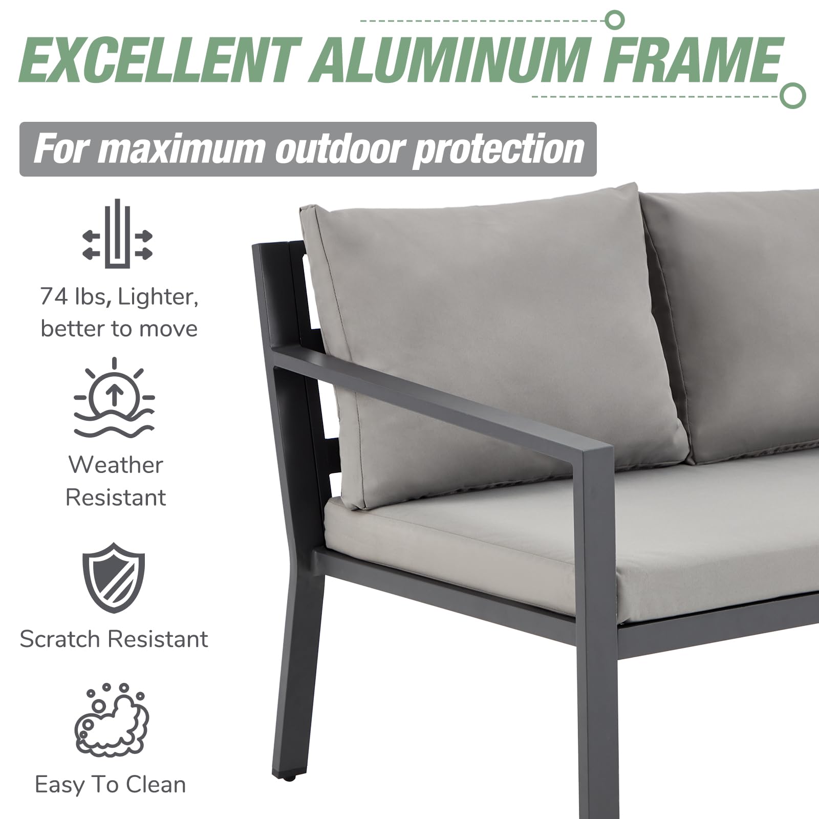 AECOJOY Aluminum Patio Furniture Set, Modern Outdoor Sectional Set, Patio Conversation Table and Chair Sets for Lawn, Backyard, and Deck with Grey Cushions