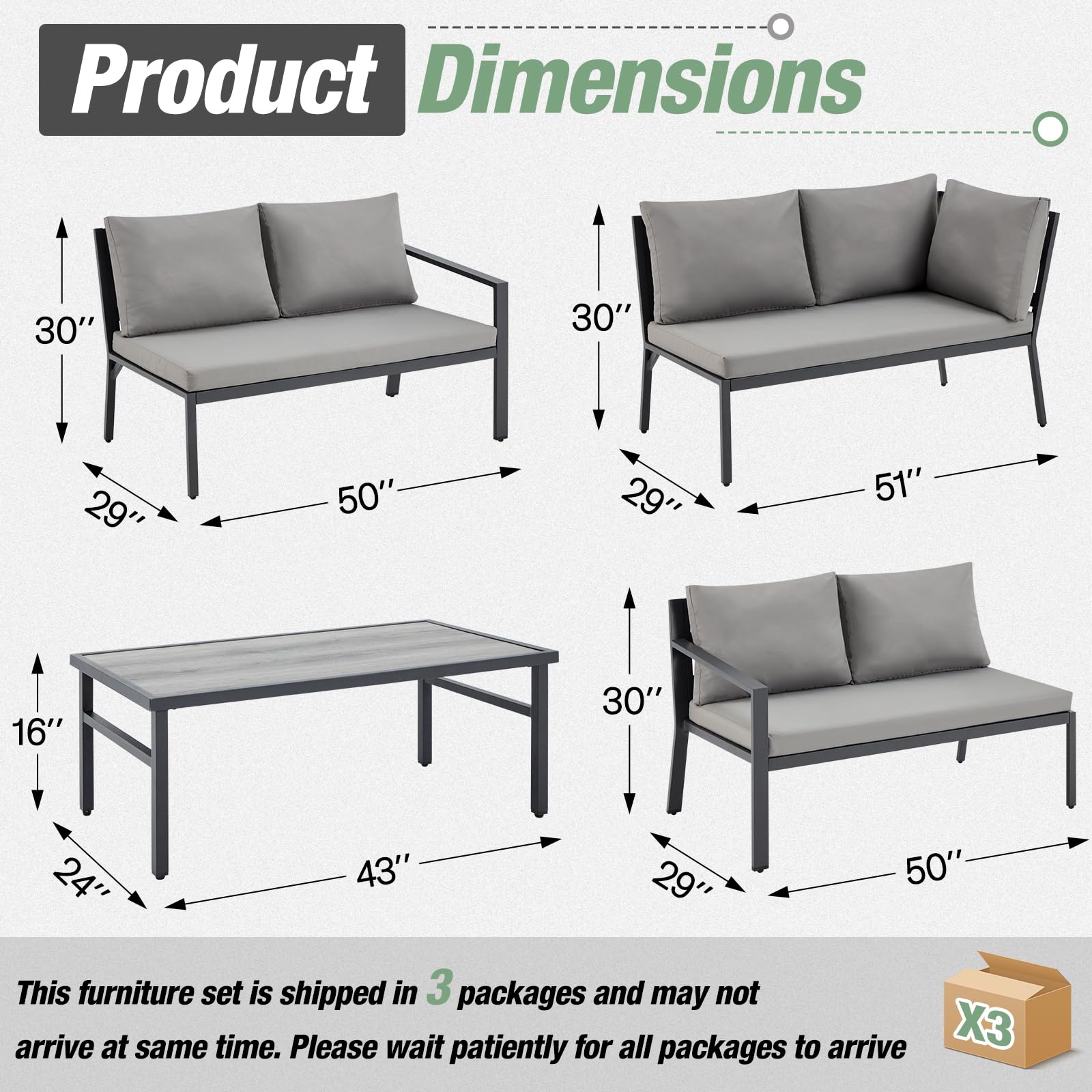 AECOJOY Aluminum Patio Furniture Set, Modern Outdoor Sectional Set, Patio Conversation Table and Chair Sets for Lawn, Backyard, and Deck with Grey Cushions