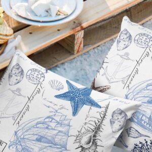 Outdoor Waterproof Pillow Covers Set of 2, Nautical Theme Marine Sail Boat Beach Starfish Shell Seashell Patio Throw Pillow Covers, Decorative Cushion Case for Couch Sofa Furniture Garden, 20x20 Inch