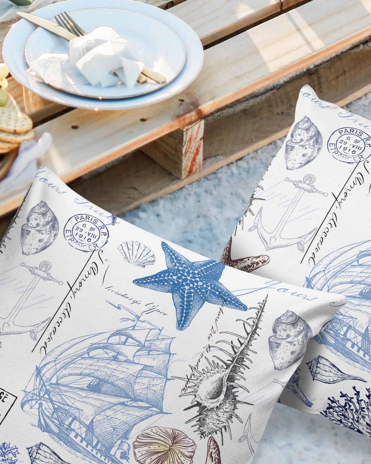 Outdoor Waterproof Pillow Covers Set of 2, Nautical Theme Marine Sail Boat Beach Starfish Shell Seashell Patio Throw Pillow Covers, Decorative Cushion Case for Couch Sofa Furniture Garden, 20x20 Inch