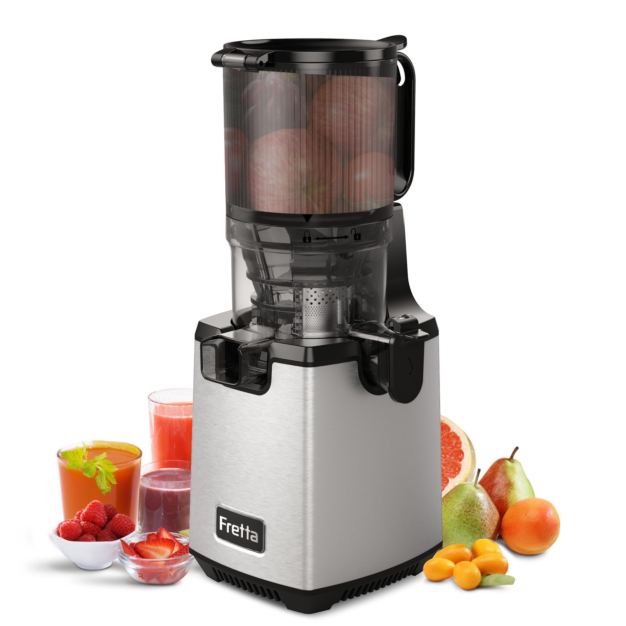 Cold Press Juicer Machines,Fretta Slow Masticating Juicers with 5.3" Large Feed Chute Fit Whole Fruits & Vegetable Easy Clean Self Feeding Juice Extractor,Tritan Material BPA Free 250W,Stainless Steel