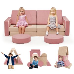 hommow kids couch, 12pcs modular kids play couch kids sofa, versatile toddler couch kids couch for playroom, convertible kids sectional sofa kids bedroom furniture for boys and girls, pink