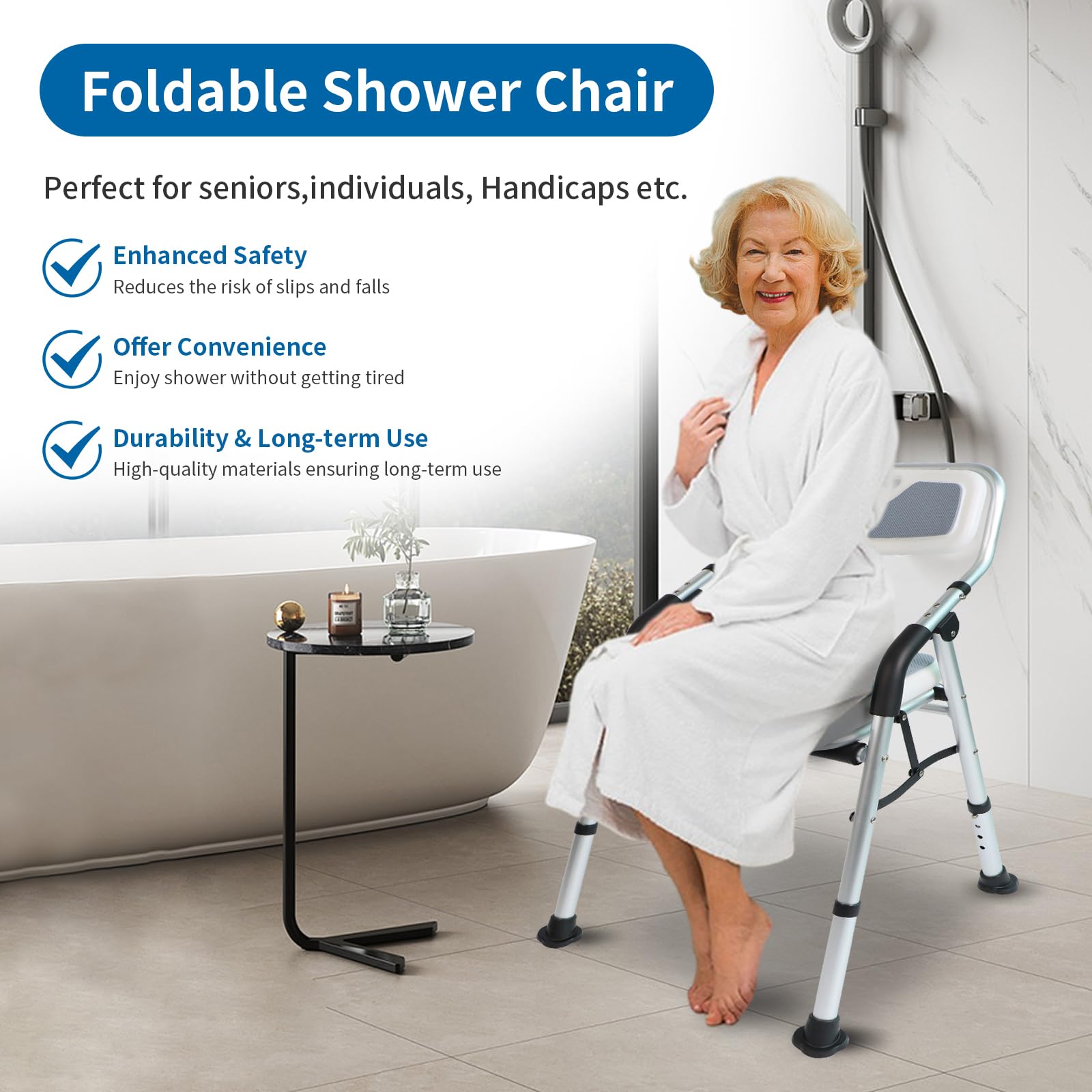 Folding Shower Chair for Inside Shower, Foldable Shower Chair for Seniors Elderly Handicap Disabled, Bath Shower Seat with Arm and Back for Adult, Bathroom Tub Transfer Bench (Grey, L)