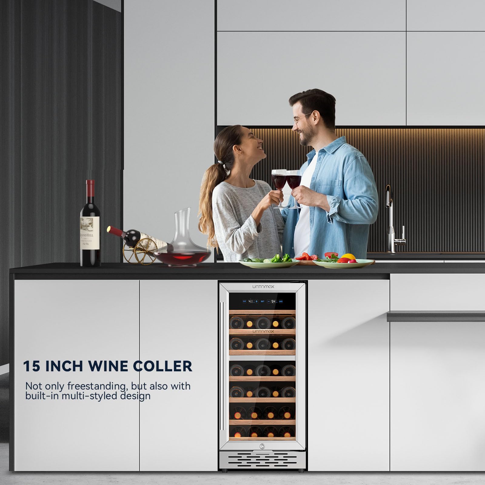 UNTOMAX 33 Bottles Wine Fridge Dual Zone Wine Cooler Refrigerator, 41-68℉ Freestanding Wine Cellar Built In for Red/White/Champagne, Temperature Memory Quiet Compressor Kitchen/Office, Stainless Steel