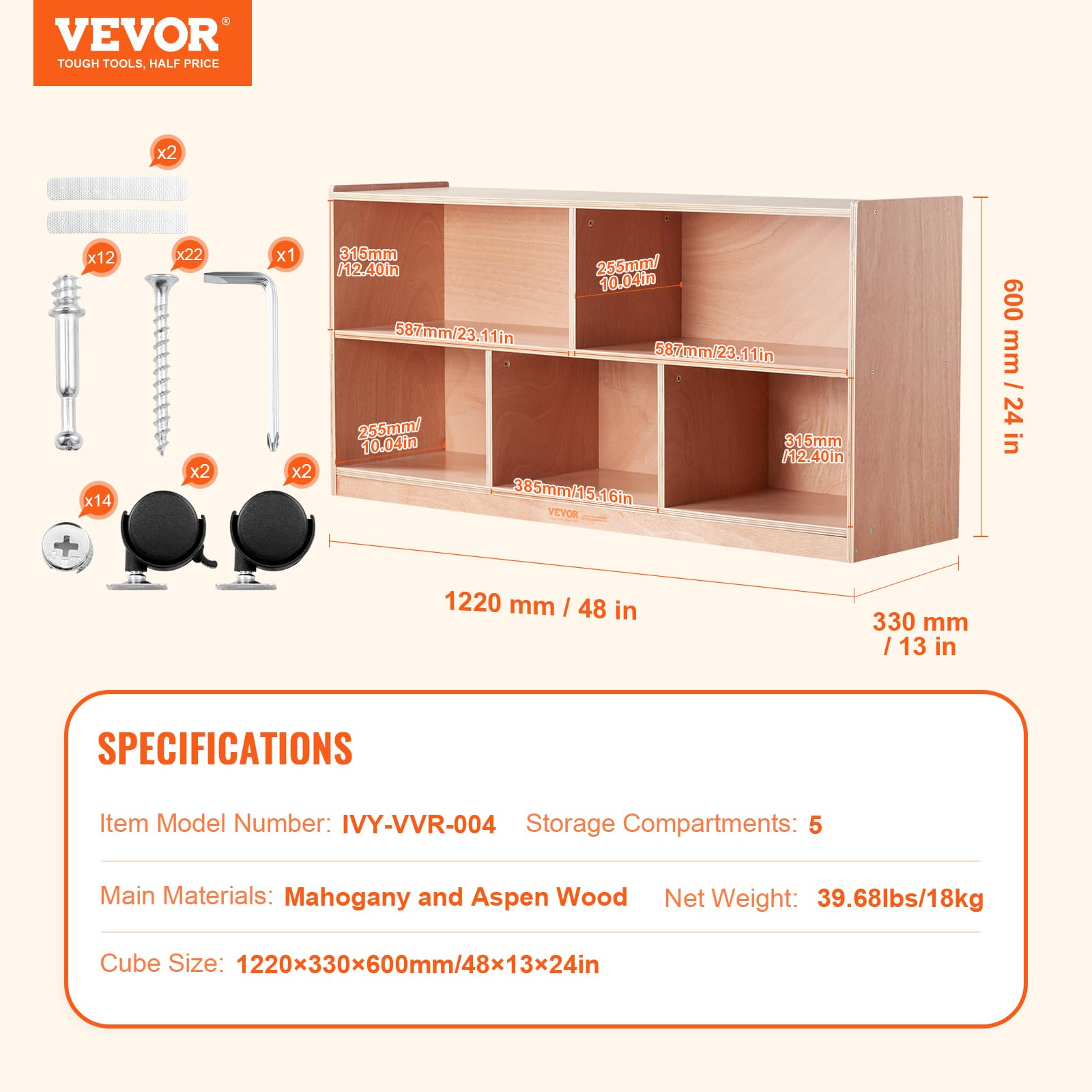 VEVOR Cubby Toy Organizer Storage Cabinet, 5-Compartment Cubby Storage Shelf, 48''W Kids Toy Storage Cabinet 2-Shelf, Classroom Cubbies, Classroom Furniture for Home, Daycare and Preschool, Natural