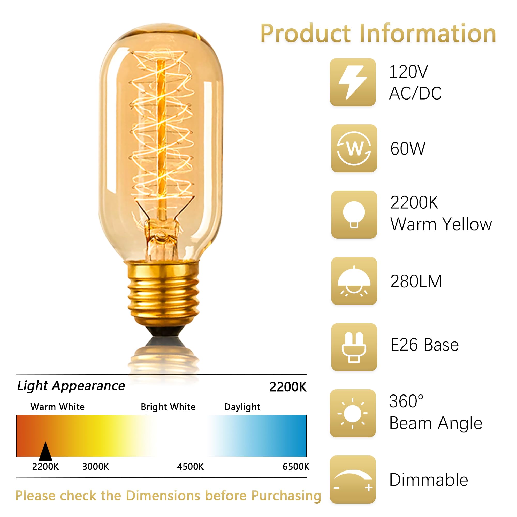 Figame T45 Retro Edison Light Bulb 60w 6 Pack, 120v, E26 Base Dimmable, Incandescent Bulb, 2200k Amber Warm Yellow, Antique for Home Lighting Decoration, Suitable for Home and Office Lighting