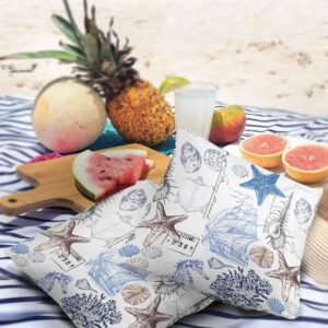 Outdoor Waterproof Pillow Covers Set of 2, Nautical Theme Marine Sail Boat Beach Starfish Shell Seashell Patio Throw Pillow Covers, Decorative Cushion Case for Couch Sofa Furniture Garden, 20x20 Inch