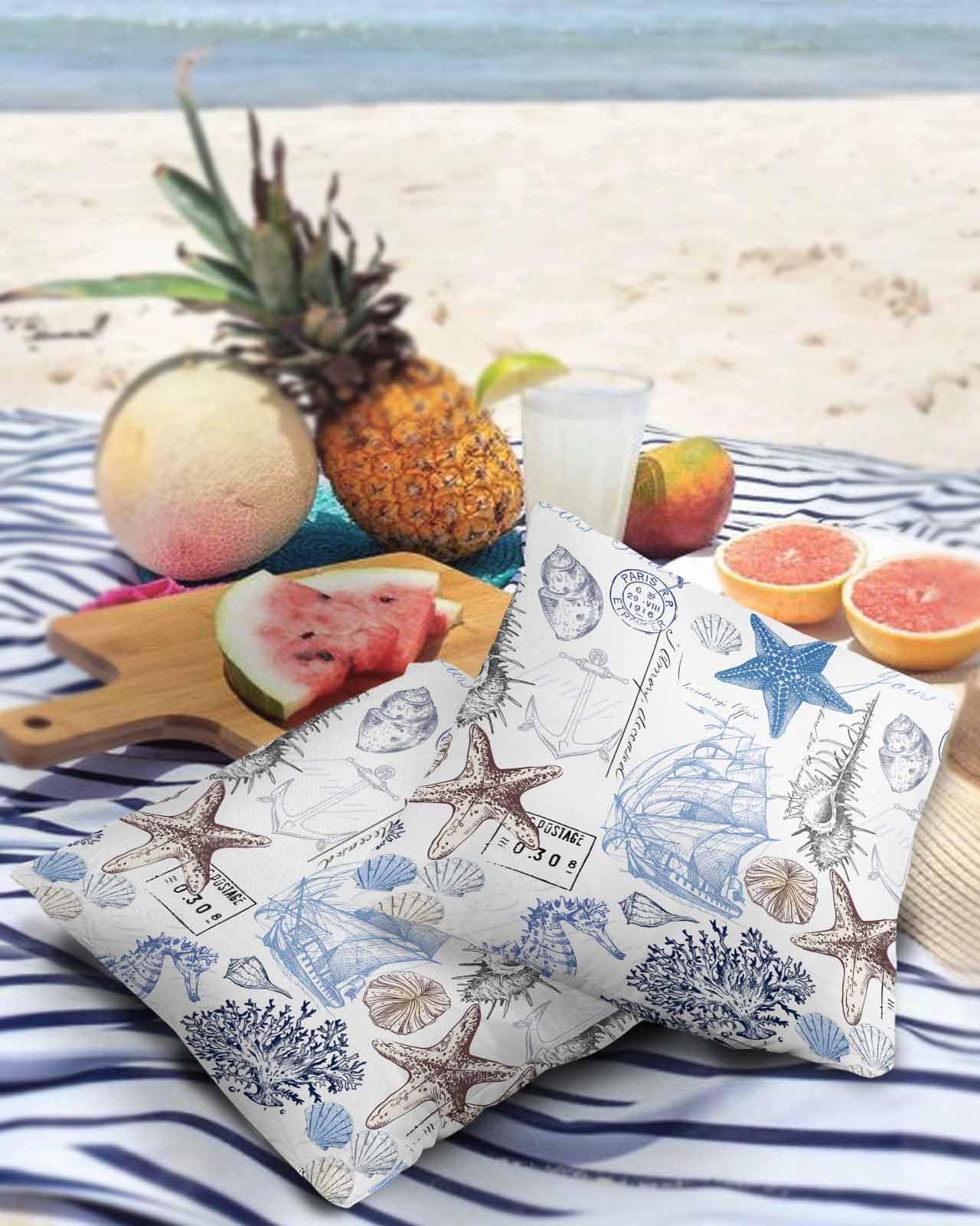 Outdoor Waterproof Pillow Covers Set of 2, Nautical Theme Marine Sail Boat Beach Starfish Shell Seashell Patio Throw Pillow Covers, Decorative Cushion Case for Couch Sofa Furniture Garden, 20x20 Inch