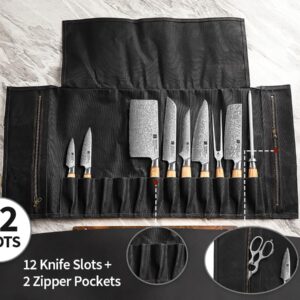 XINZUO Chef Knife Roll Bag Professional,16oz Waxed Canvas and Crazy Horse Leather,12 Slots Plus 2 Zipper Pockets,Adjustable Shoulder Strap-Travel Tool Roll Pouch(Bag Only)