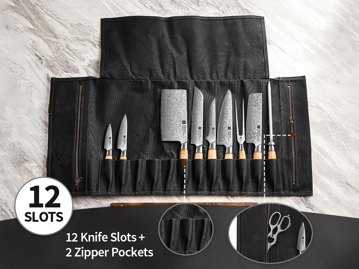 XINZUO Chef Knife Roll Bag Professional,16oz Waxed Canvas and Crazy Horse Leather,12 Slots Plus 2 Zipper Pockets,Adjustable Shoulder Strap-Travel Tool Roll Pouch(Bag Only)