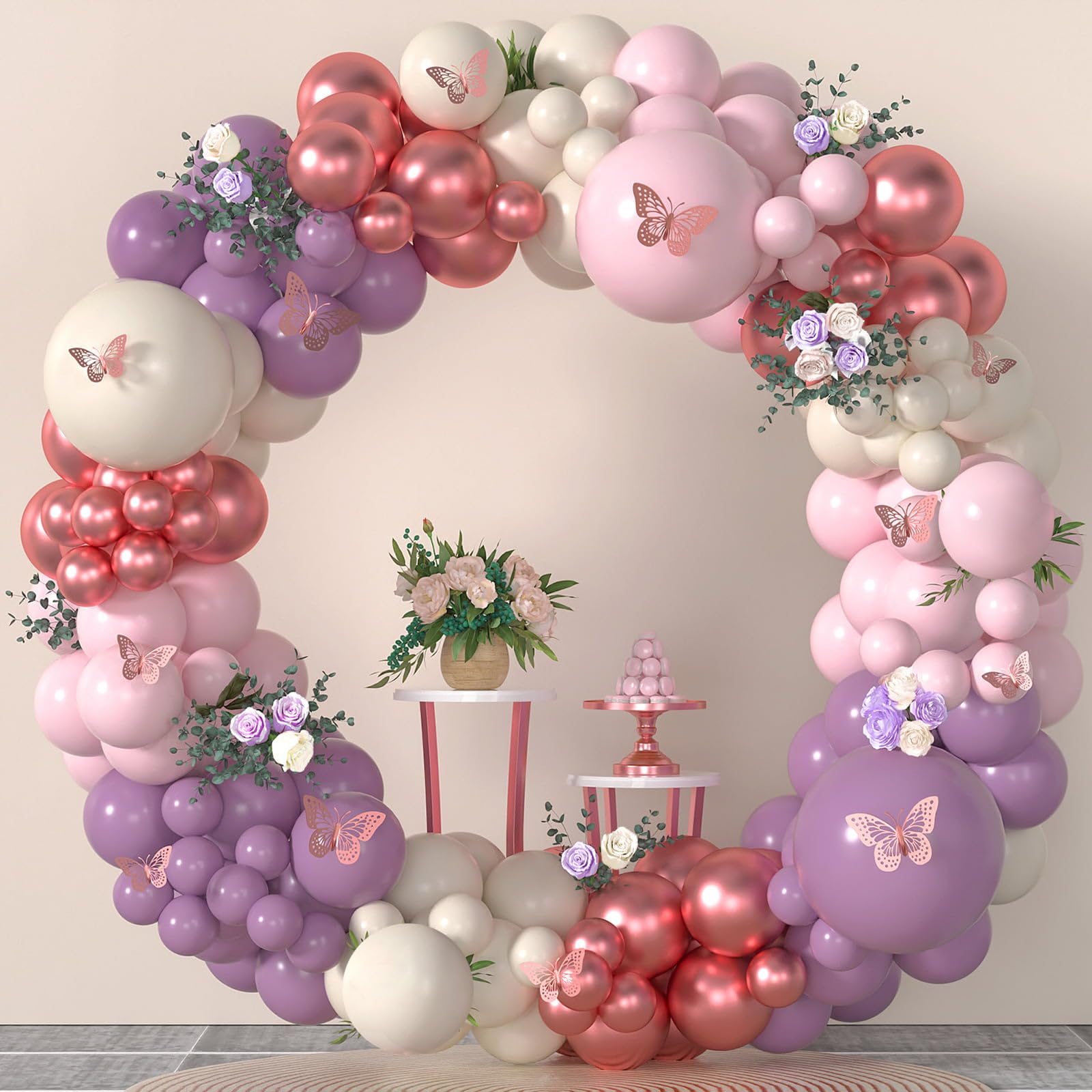 Dusty Lavender Purple Pink Balloon Arch Kit Lilac Sand White Rose Gold Balloons Garland With Artificial Flower and Eucalyptus Leaves Butterfly for Bridal Baby Shower Wedding Birthday Party Decorations