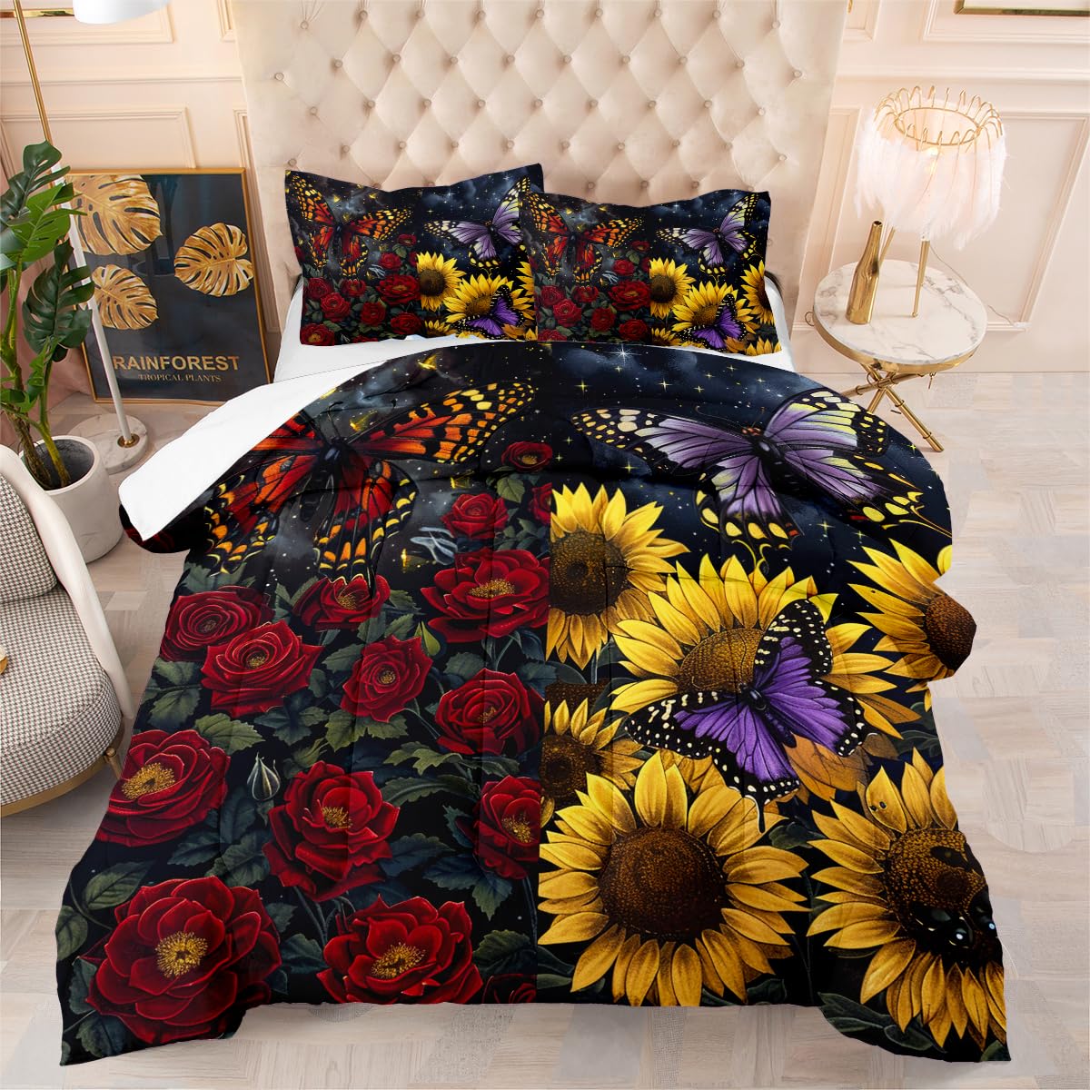 CCoutueChen Butterfly Comforter Set Queen,Yellow Sunflowers Comforter for Girls,Purple Butterfly Bedding,Botanical Floral Bedroom Decor, 3Pcs Soft Lightweight Summer Comforter