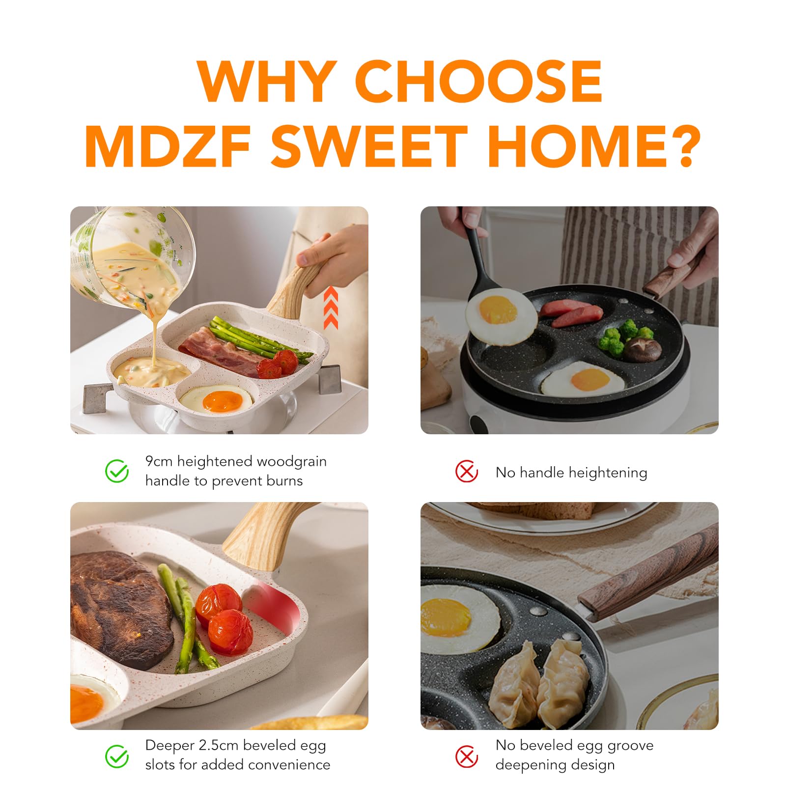 MDZF SWEET HOME Versatile 3 in 1 Non-Stick Omelet Pan with Elevated Heat Resistant Handle, Ideal for Eggs, Bacon,Sausages, Steak and Pancakes