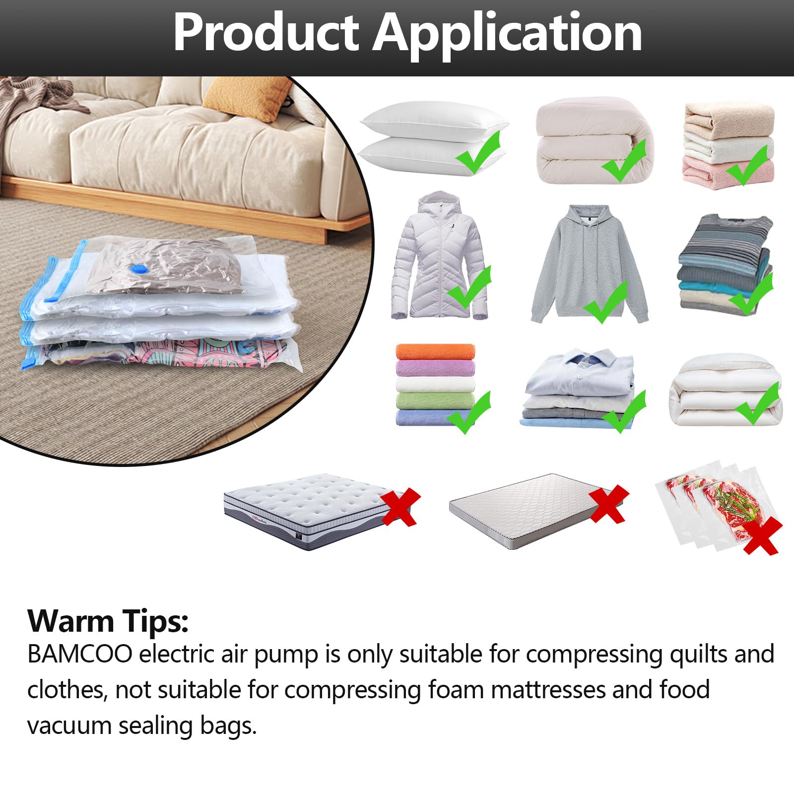 BAMCOO Electric Pump for Vacuum Storage Bags Travel Vacuum Pump for Various Vacuum Seal Bags Portable Vacpack Air Pump for Compression Clothing Blanket Luggage White(Storage Bag Not Included)