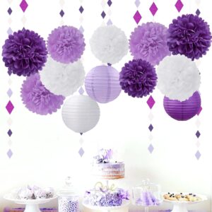 Purple-White Lavender Party Decorations Paper Flowers Lanterns - 15PCS Birthday Graduation Tissue Pom Poms Streamers, Baby Bridal Shower Wedding Retirement Bachelorette Hanging Supplies Decor Hugfond