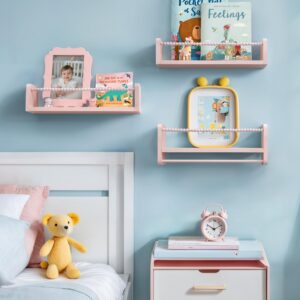 Maxpeuvon Nursery Book Shelves, Set of 3 Kids Bookshelves Natural Wood Wall Mount Organizer with Towel Bar Hanging Nursery Decor for Kids Room, Playroom, Bedroom and Kitchen, Pink