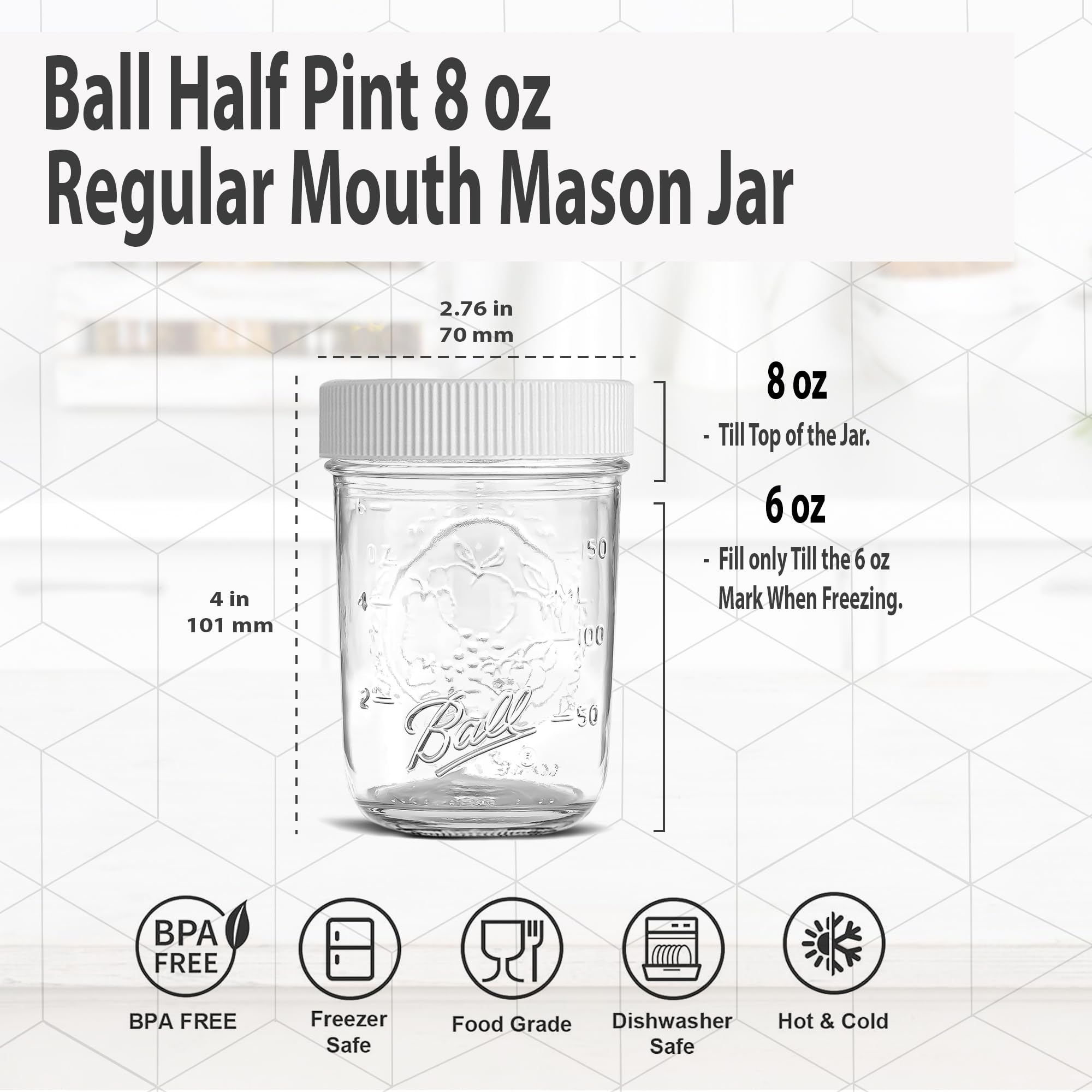 Regular Mouth Mason Jars 8 oz - (2 Pack) - Ball Regular Mouth Half Pint 8-Ounces Mason Jars with White M.E.M Food Storage Plastic Lids - For Storage, Freezing - Leak Proof, Microwave & Diswasher Safe