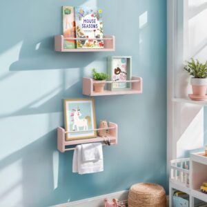 Maxpeuvon Nursery Book Shelves, Set of 3 Kids Bookshelves Natural Wood Wall Mount Organizer with Towel Bar Hanging Nursery Decor for Kids Room, Playroom, Bedroom and Kitchen, Pink