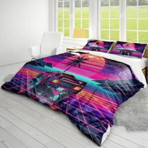 NEWAKI Synthwave Neon Miami Style Duvet Cover Set - 3D Digital Print Ultra-Soft Microfiber, 3 Piece Bedding Set with Zipper Closure, Includes 1 Comforter Cover and 2 Pillowcases (Full (79"x90"),01)