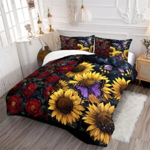 CCoutueChen Butterfly Comforter Set Queen,Yellow Sunflowers Comforter for Girls,Purple Butterfly Bedding,Botanical Floral Bedroom Decor, 3Pcs Soft Lightweight Summer Comforter