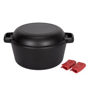 dishdelight 2-in-1 pre-seasoned enameled cast iron dutch oven pot with lid and dual handles, cast iron skillet cookware pan set with skillet lid cooking pan, dutch oven for bread baking, 5qt, black