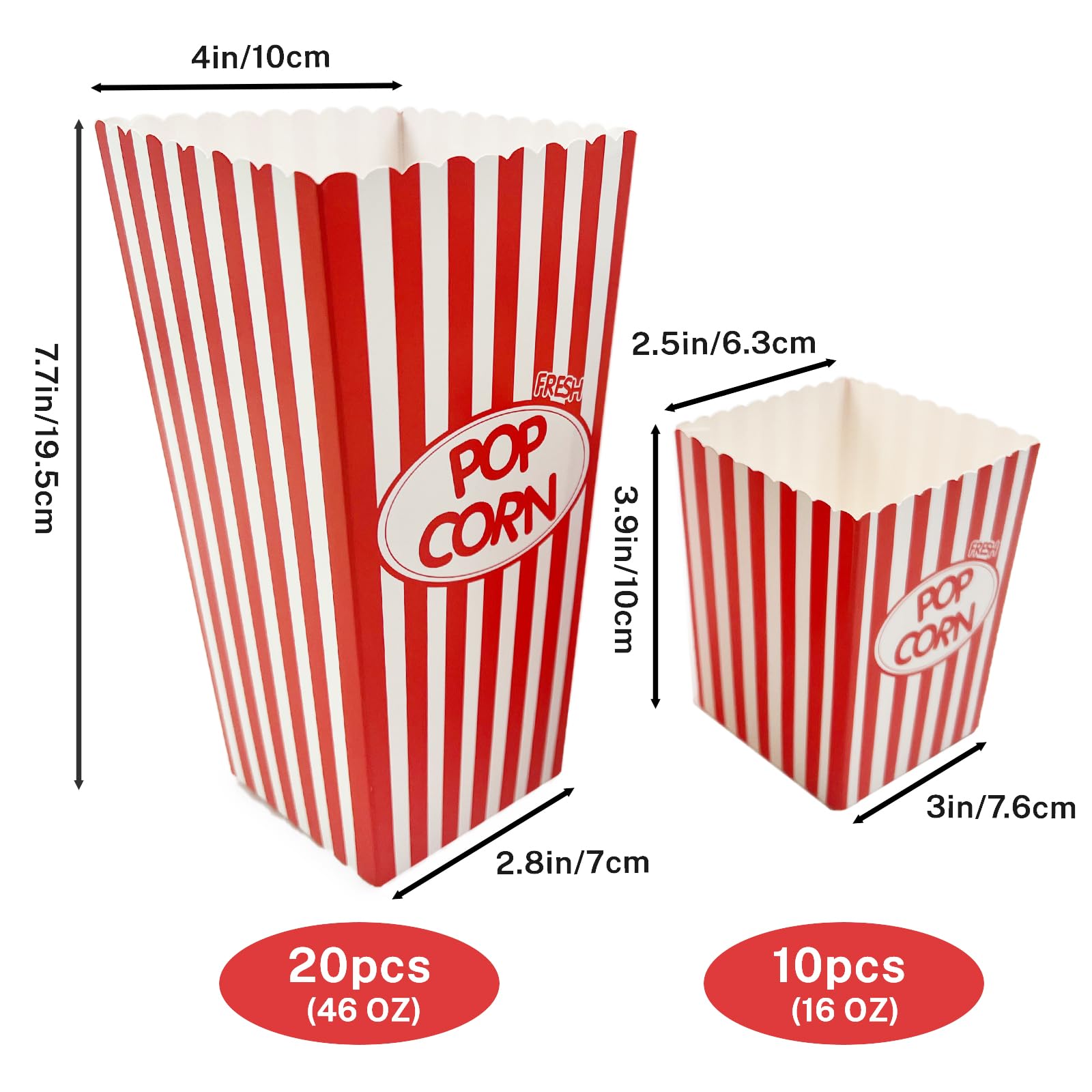 SNAIL GARDEN 30 Pcs Popcorn Boxes, 20Pcs 46oz&10Pcs 16oz Movie Night Snack Bucket, Red/White Food Container,Disposable Paper Box,Durable Cardboard Boxes For Family Party Picnic Festivals Decoration