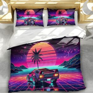 NEWAKI Synthwave Neon Miami Style Duvet Cover Set - 3D Digital Print Ultra-Soft Microfiber, 3 Piece Bedding Set with Zipper Closure, Includes 1 Comforter Cover and 2 Pillowcases (Full (79"x90"),01)