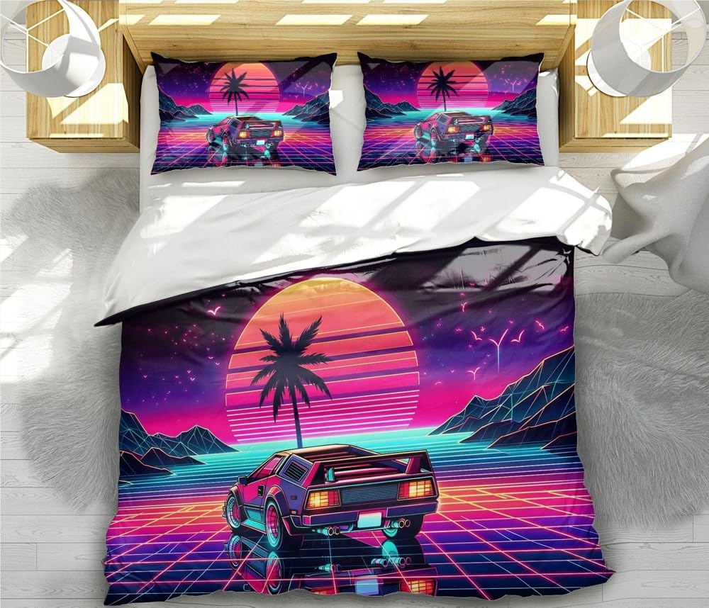 NEWAKI Synthwave Neon Miami Style Duvet Cover Set - 3D Digital Print Ultra-Soft Microfiber, 3 Piece Bedding Set with Zipper Closure, Includes 1 Comforter Cover and 2 Pillowcases (Full (79"x90"),01)