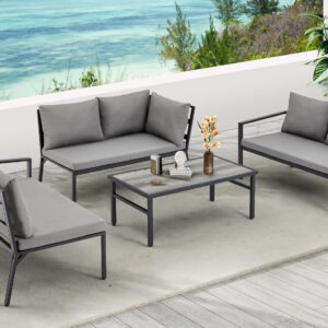 AECOJOY Aluminum Patio Furniture Set, Modern Outdoor Sectional Set, Patio Conversation Table and Chair Sets for Lawn, Backyard, and Deck with Grey Cushions