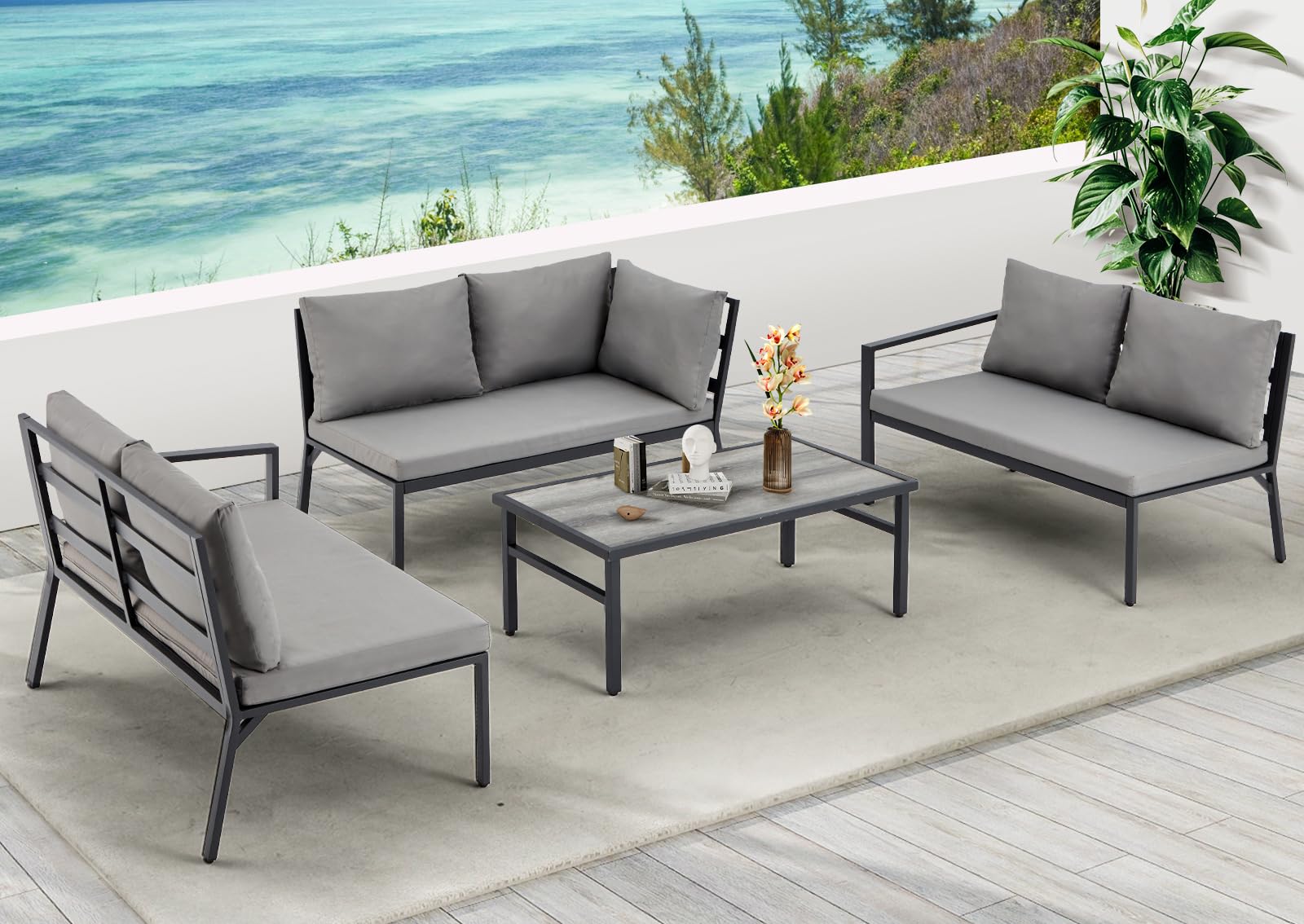 AECOJOY Aluminum Patio Furniture Set, Modern Outdoor Sectional Set, Patio Conversation Table and Chair Sets for Lawn, Backyard, and Deck with Grey Cushions