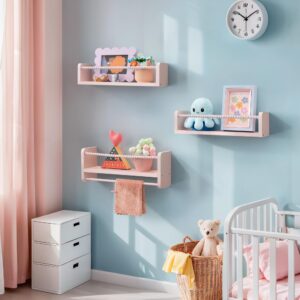 Maxpeuvon Nursery Book Shelves, Set of 3 Kids Bookshelves Natural Wood Wall Mount Organizer with Towel Bar Hanging Nursery Decor for Kids Room, Playroom, Bedroom and Kitchen, Pink