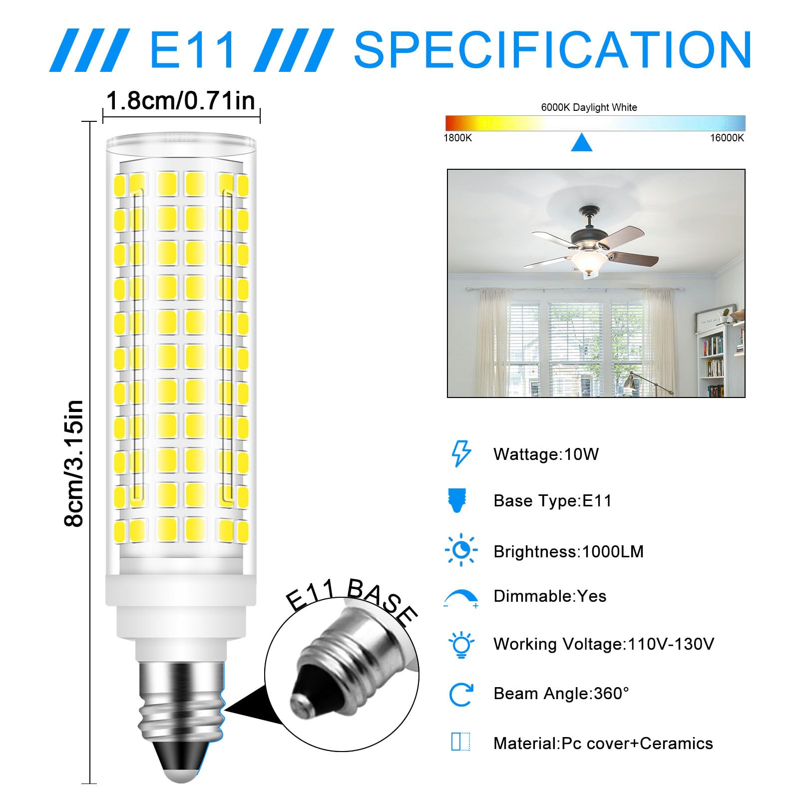 Megereet E11 LED Bulb 100W Halogen Bulbs Equivalent, JDE11 T4 Mini Candelabra LED Bulb Dimmable,Daylight White 6000K,10W 1000LM JDE11 120V 100W LED for Ceiling Fan Pendant Lighting,2 Pack