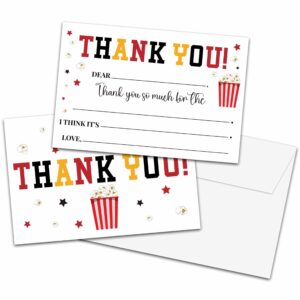 chuxvon kids thank you cards fill in the blank, popcorn thank you cards, movie night greeting cards, thank you notes for boys girls, birthday party decorations favors (20 cards with 20 envelopes) -03