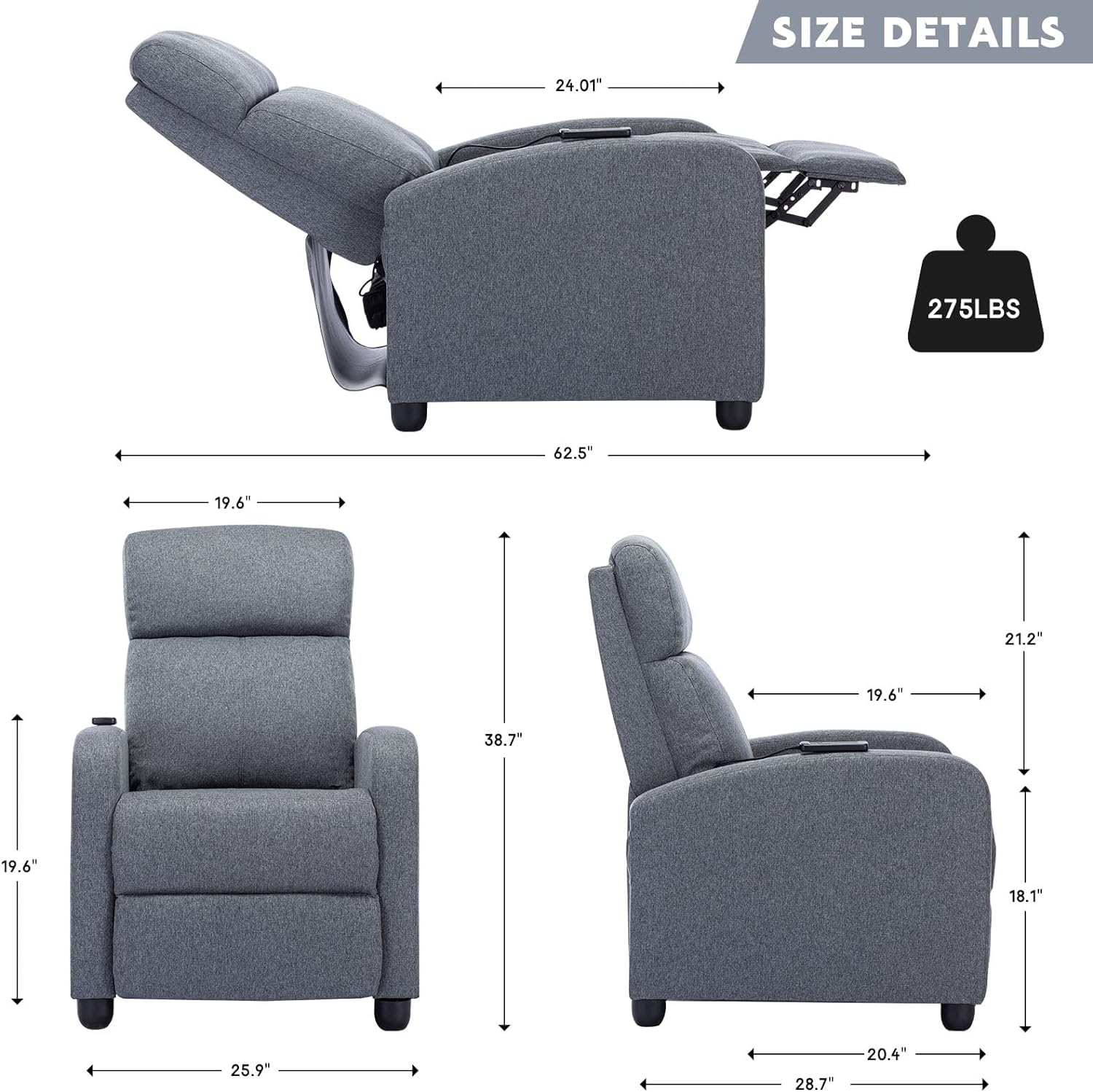 Phoenix Home Manual Recliner Chairs, Comfy Lash Recliner Chair with Padded Backrest and Seat Cushion, Modern Reclining Chair for Living Room, Home Theater, Classic Gray