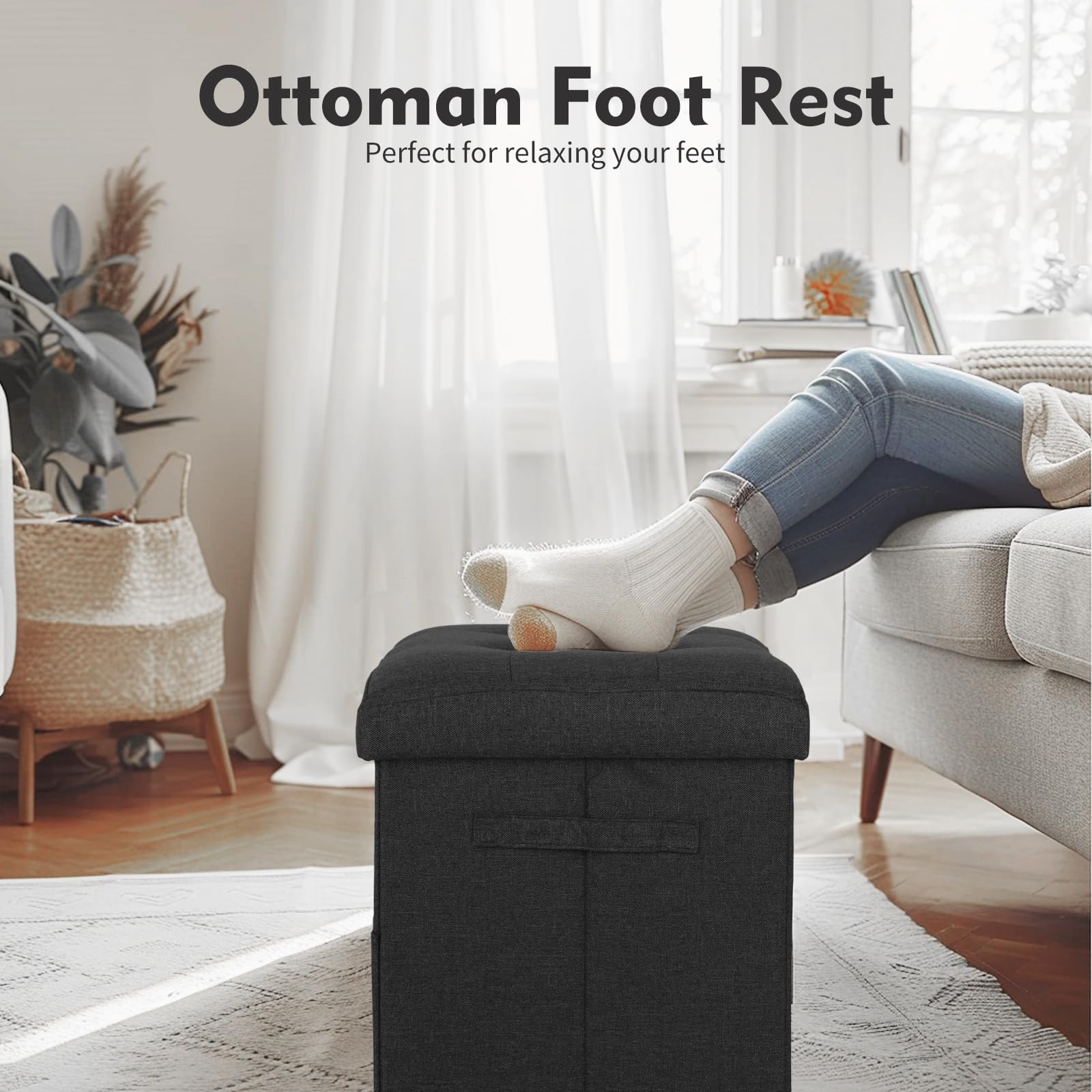 FaiPue Storage Ottoman Foot Rest with Thicker Foam Padded Seat. Small Ottoman with Storage. 350 lbs Linen Folding Footstool Storage Bench for Living Room, Bedroom, Home Office. 17x13x13in, Gray Black